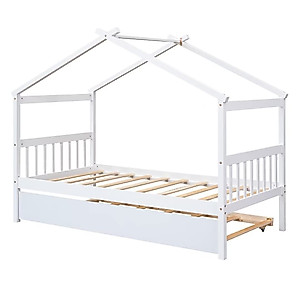 voqoomkl Twin Size Floor Bed with Twin Size Trundle, Wooden House Bed with Headboard and Footboard, Daybed with Roof Design and Wood Slats Supprt for Boys Girl Bedroom, No Box Springs Required, White