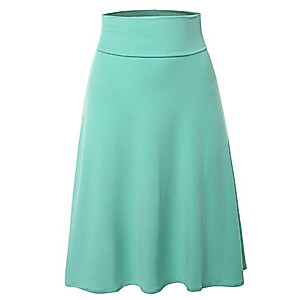 Solid A-Line Fold Over Waist Band Flared Midi Skirt Blue Grey L