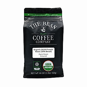 The Bean Organic Coffee Company 50/50 (Half Caff) French Roast, 50% Decaf, Dark Roast, Ground Coffee, 16-Ounce Bag, Café Molido Tostado Orgánico descafeinado
