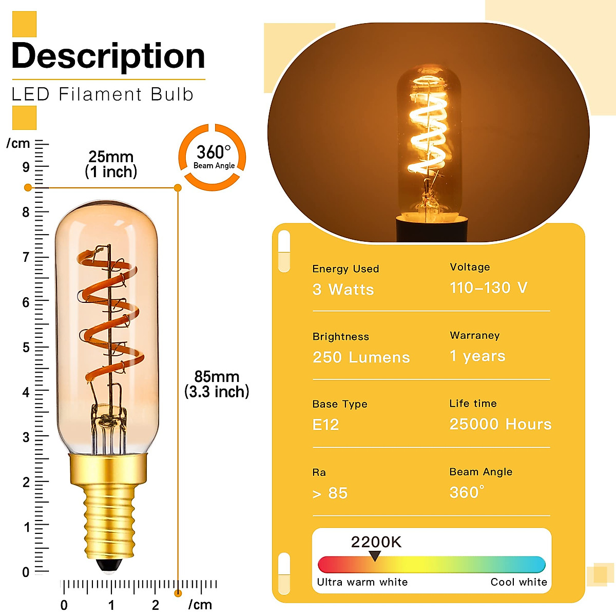 Genixgreen Dimmable T6 Led Bulb Candelabra Led Light Bulb, 2200K Amber Glass 3W E12 T25 Filament Chandelier Light Bulb, CRI 90+ Edison Bulb Equivalent 25W Decorative Lights Bulb, Pack of 6