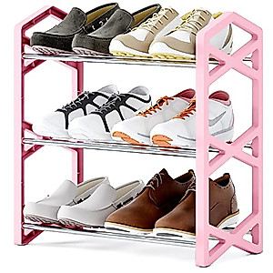 SHELAKET Upgrade 3-Tier Small Shoe Rack, Metal Lightweight 5-7 Pairs Shoe Shelf Storage Organizer for Entryway, Hallway and Closet（Pink）