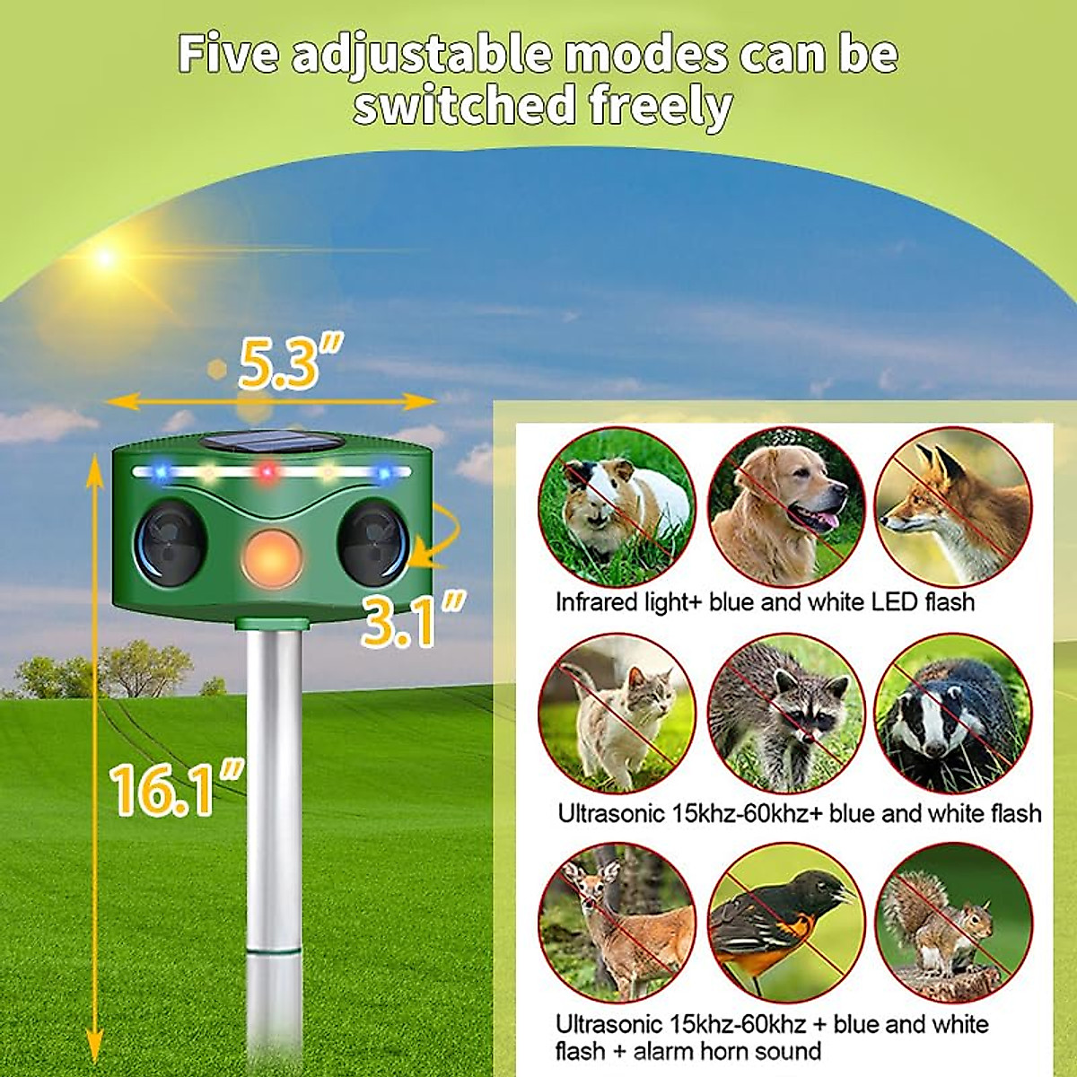 Ultrasonic Solar Animal Repeller for Yard, 5 Modes Outdoor Cat Repellent Squirrel Repellent with Motion Sensor & Flashing Light, Animals Deterrent for Squirrel Bird Deer Cat Skunk Dog for Yard Garden