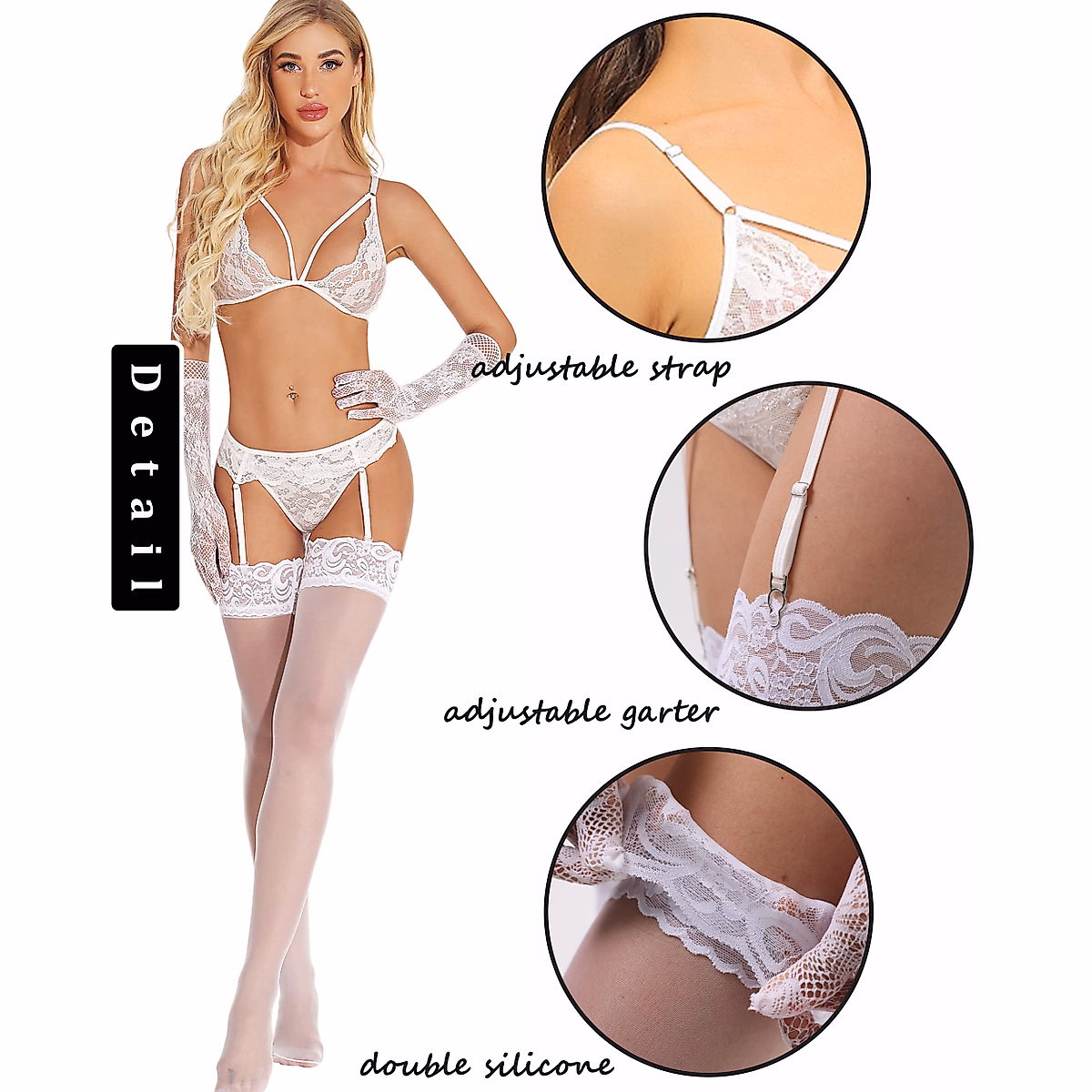 Women Lingerie with Stockings and Gloves,Garter Belt Lingerie Set White L
