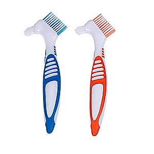 Denture Cleaner Box and Brush Set - 2 Pack Denture Bath Case with Basket + 2 Pack Denture Brush, Portable Denture Retainer Storage Box, False Teeth Brushes for Oral Care (Blue and Red)