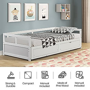 Hanway Twin Daybed with Two Drawers - White Solid Pine Wood Material - Extendable to King Size Bed Frame with Extra Storage Drawers – Elegant Furniture for Compact Rooms
