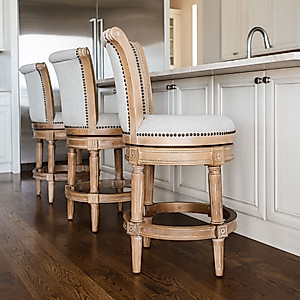 Maven Lane Pullman 26 Inch Tall Counter Height Upholstered Barstool with Back in Weathered Oak Finish with Sand Color Fabric Cushion Seat, Set of 4