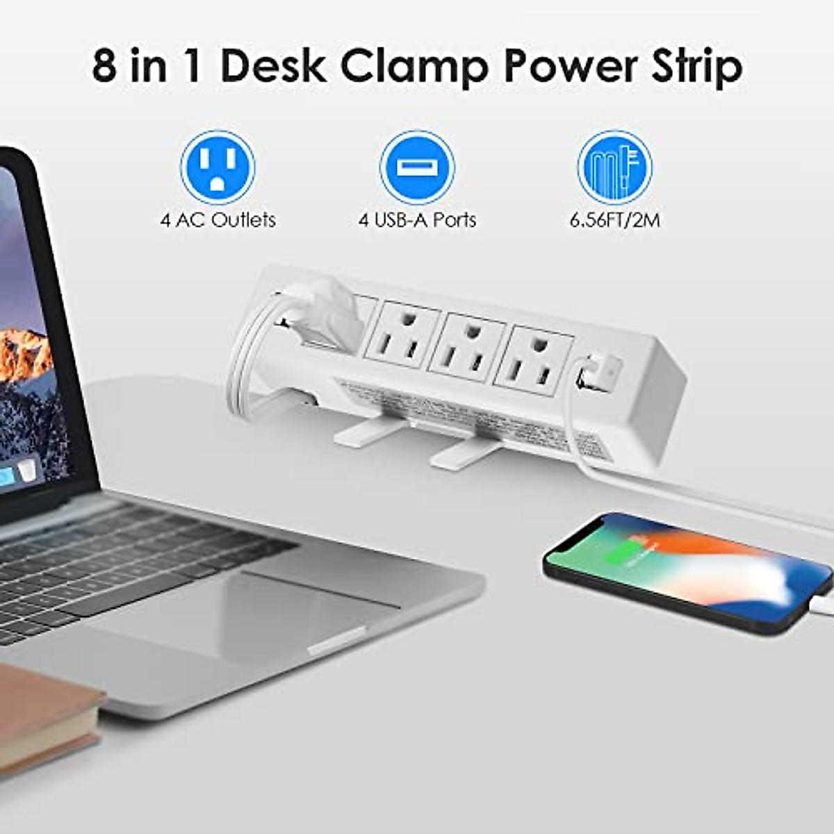 ANNQUAN Desktop Clamp Power Strip with 4 USB Ports,Desk Mount Power ...