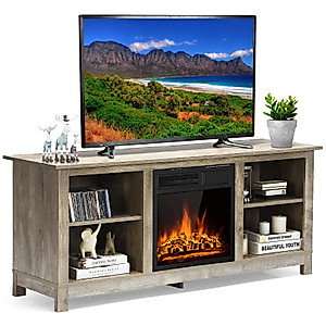 Tangkula Fireplace TV Stand for TVs up to 65 Inches, 58 Inches Media Console Table w/Fireplace, 1500W Electric Fireplace Stove TV Storage Cabinet w/Remote Control, Adjustable Brightness & Heat