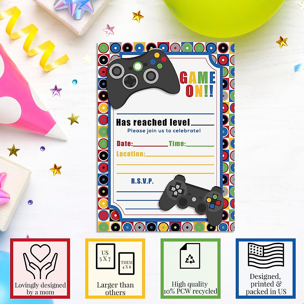 Game On! Video Gamer Birthday Party Fill In Invitations, 20 5x7 Fill In Cards with Twenty White Envelopes by AmandaCreation