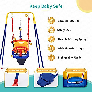 4-in-1 Swing Set & Baby Jumper, Toddler Swing with Foldable Metal Stand and Safety Belt, Baby Swings & Baby Bouncers Outdoor/Indoor for Infants to Toddler, Indoor Swing for Kids 6 Month+ (Blue)