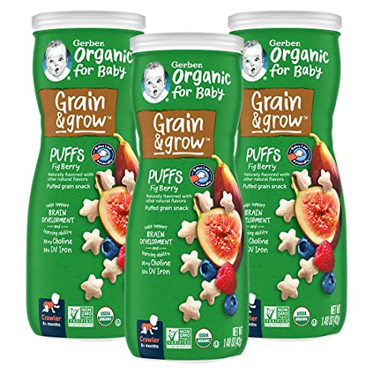 Gerber Organic for Baby Grain & Grow Puffs, Fig Berry, Non-GMO & USDA Organic Puffed Grain Snack for Crawlers, Baby-Led Friendly, 1.48-Ounce Canister (Pack of 3)