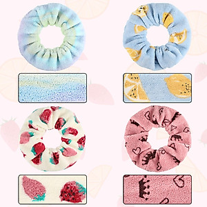 4 Pieces Large Soft Microfiber Hair Towel Scrunchies with Fuzzy Fruit-Shaped Pom Poms - Ponytail Holders for Wet and Dry Hair Styling Accessories for Women