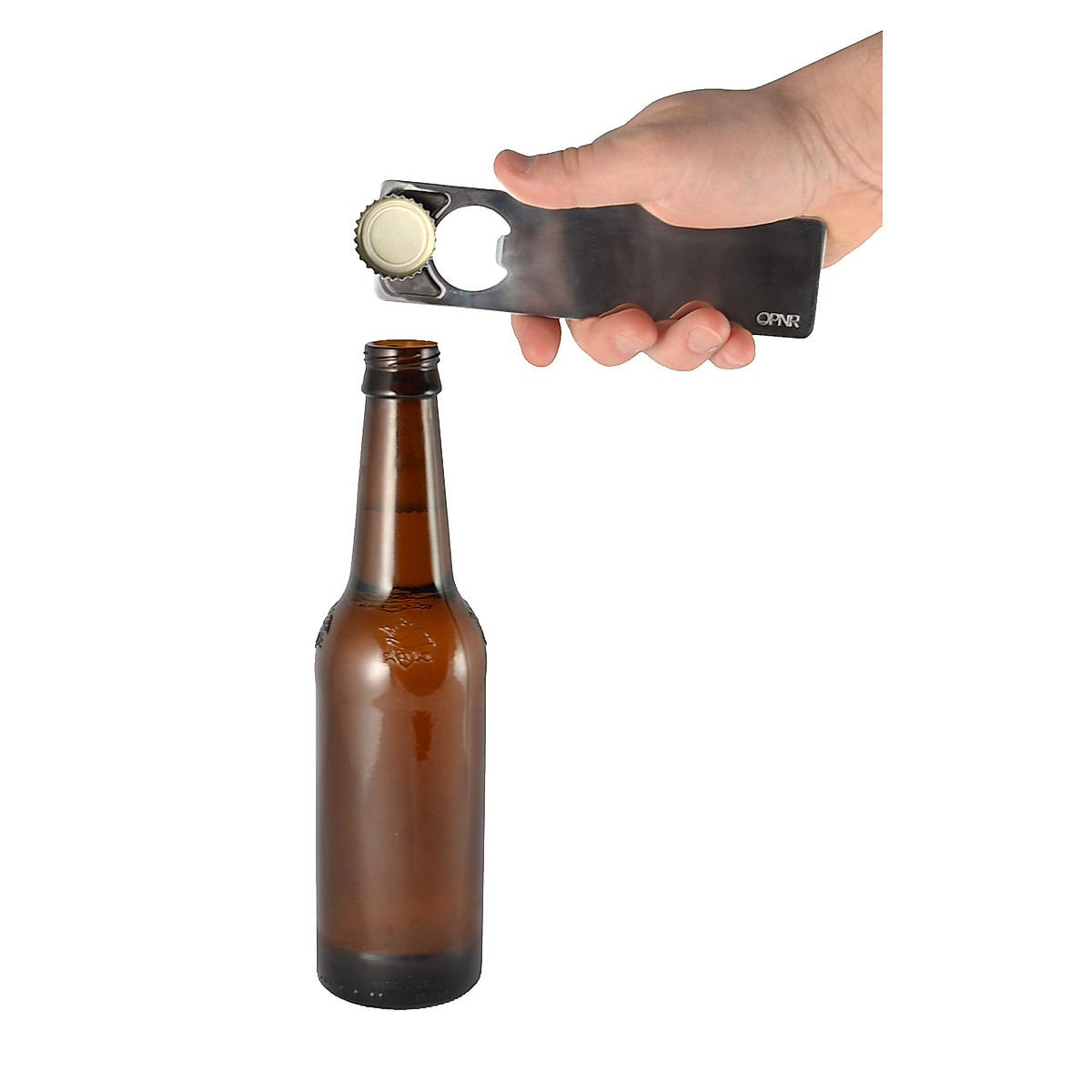 OPNR Bottle Opener with Magnetic Lid Catch, Beer, Soda, Home Bar, or Bartender Use | Catch caps, stick on fridge! | Heavy-Duty Stainless-Steel | Manual, Handheld Operation | Portable (BRUSHED)