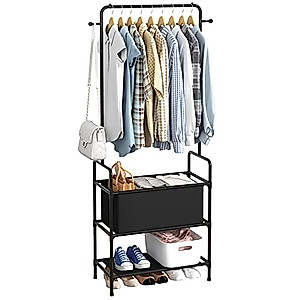 UDEAR Clothes Rack,Standard Garment Rack with Large Storage Bag,2 Non-woven Fabric Storage Shelves and 2 Hooks,Black