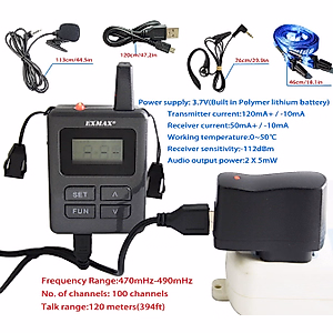 EXMAX ELGT-470 UHF Wireless Tour Guide Church Translation Equipment Voice Transmission 100 Channels Microphone Headset for Simultaneous Interpreting Interpretation Teaching(1 Transmitter 3 Receivers)