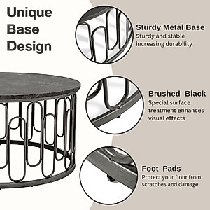 Furniture of America Davis Modern Round Coffee Table with Marble Top & Sturdy Metal Legs & Open Shelf for Living Room, Apartment, Small Space, Black