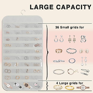 DonYeco Hanging Jewelry Organizer Storage, 40 Pockets 36 Hooks Necklace Earring Necklace Bracelet Ring Organizer, Double - Sided Design, White