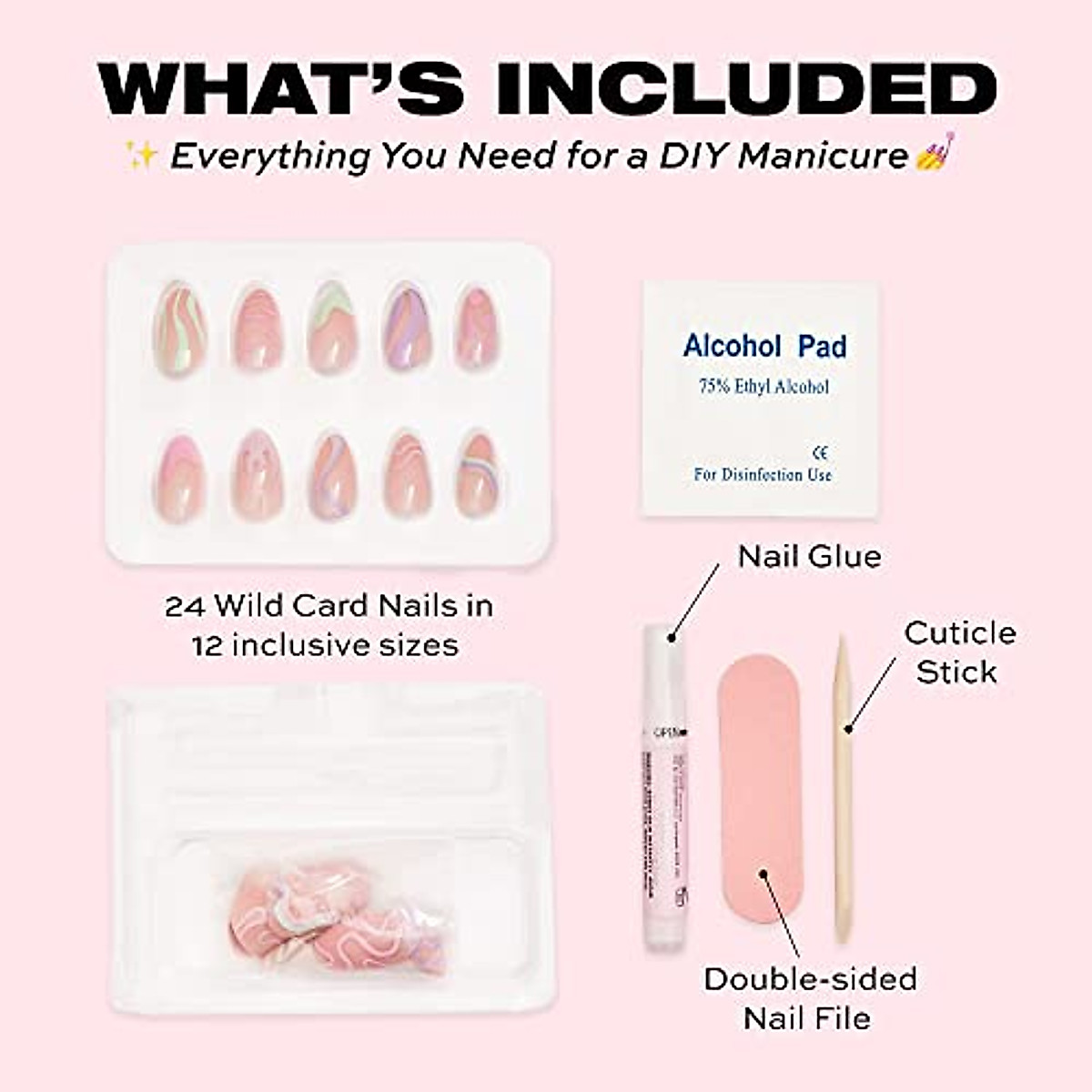 Glamnetic Press On Nails - Wild Card | Opaque UV Finish Short Pointed Almond Shape, Reusable Pastel Nails in 12 Sizes - 24 Nail Kit with Glue