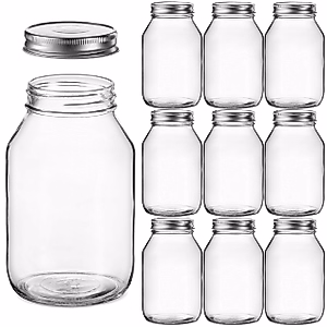 Glass Regular Mouth Mason Jars, Glass Jars with Silver Metal Airtight Lids for Meal Prep, Food Storage, Canning, Drinking, Overnight Oats, Jelly, Dry Food, Spices, Salads, Yogurt (10 Pack) (32 Ounce)