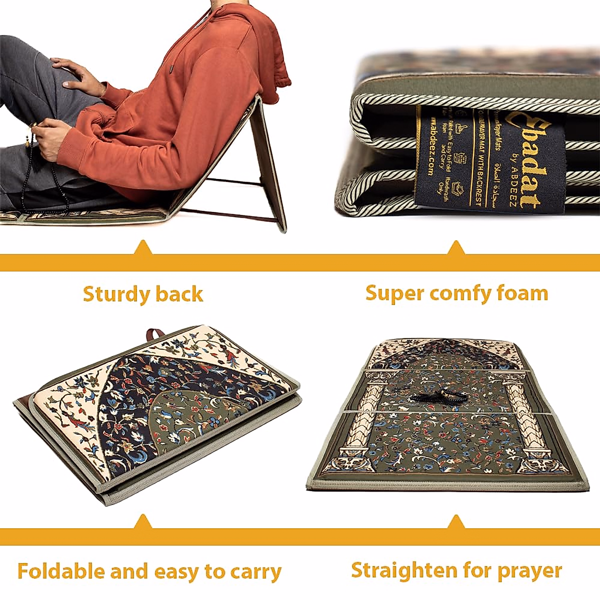ABDEEZ Exclusive Foldable Prayer Mat with Backrest, Flannel Fabric | Extra Padding for Comfort | Easy to Carry | Janamaz, Sajadah | Ramadan/Eid Gift, Perfect Muslim Gift (Earth Green)