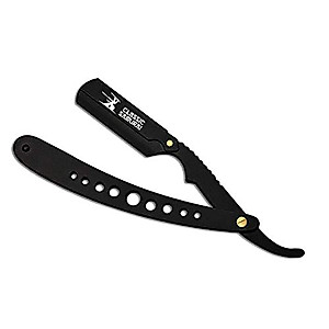 Classic Samurai New Ergonomic Design Stainless Steel Professional Folding Straight Edge Barber Razor Shavette Manual Shaver with 100 Shark Single Blades (Matte Black + 100 Shark Blades)