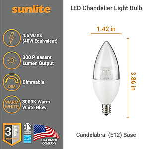 Sunlite 41637 LED B11 Clear Torpedo Tip Chandelier Light Bulb, 4.5 Watts (40W Equivalent) 300 Lumens, Candelabra E12 Base, Dimmable Energy Star and ETL Certified, 3000K Warm White, 6 Count