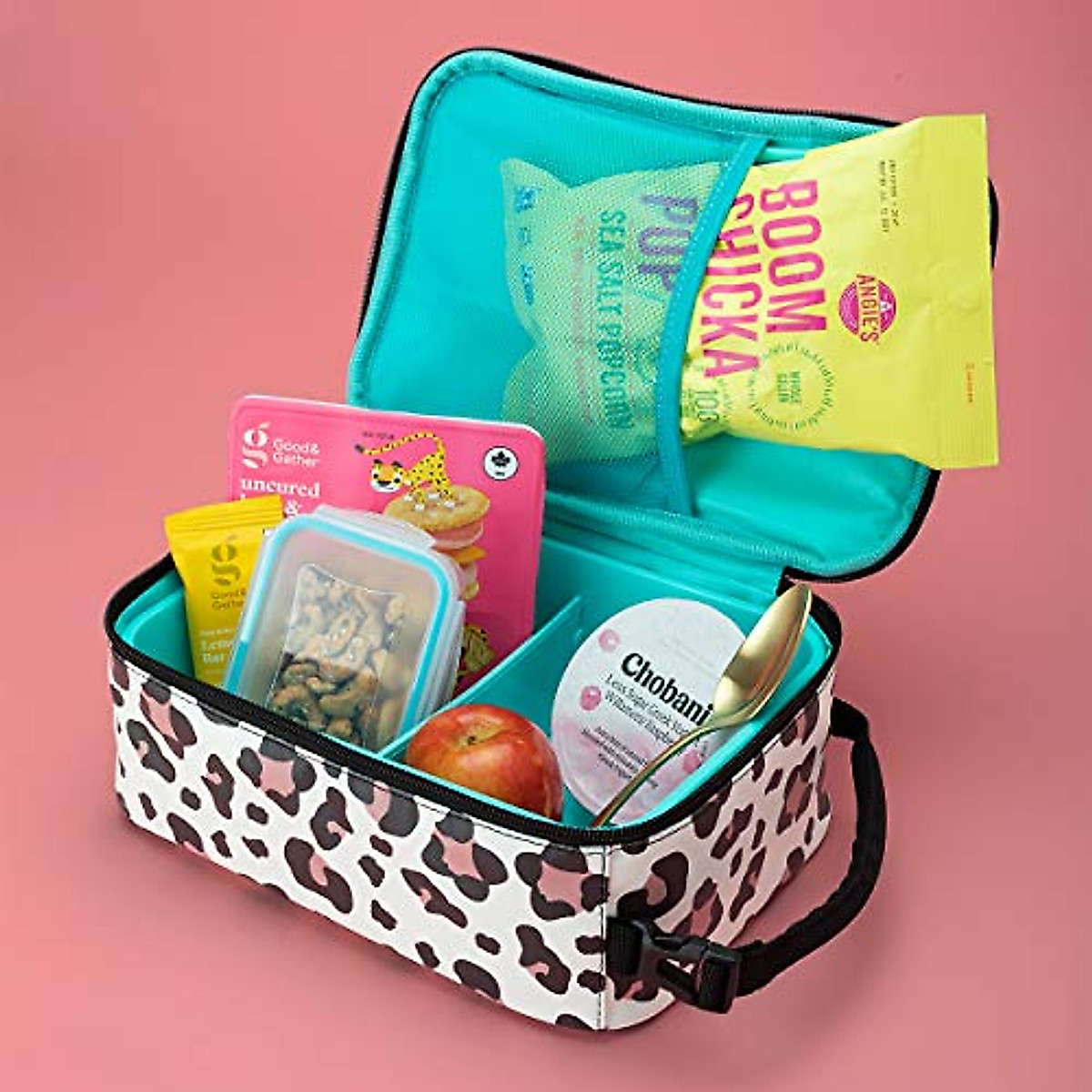 Swig Life Boxxi Lunch Box, Insulated Lunch Box for Women with Water Bottle Holder Side Pocket, Adjustable Meal Divider, Front Zipper Pocket, and Top Buckle Handle in Luxy Leopard Print