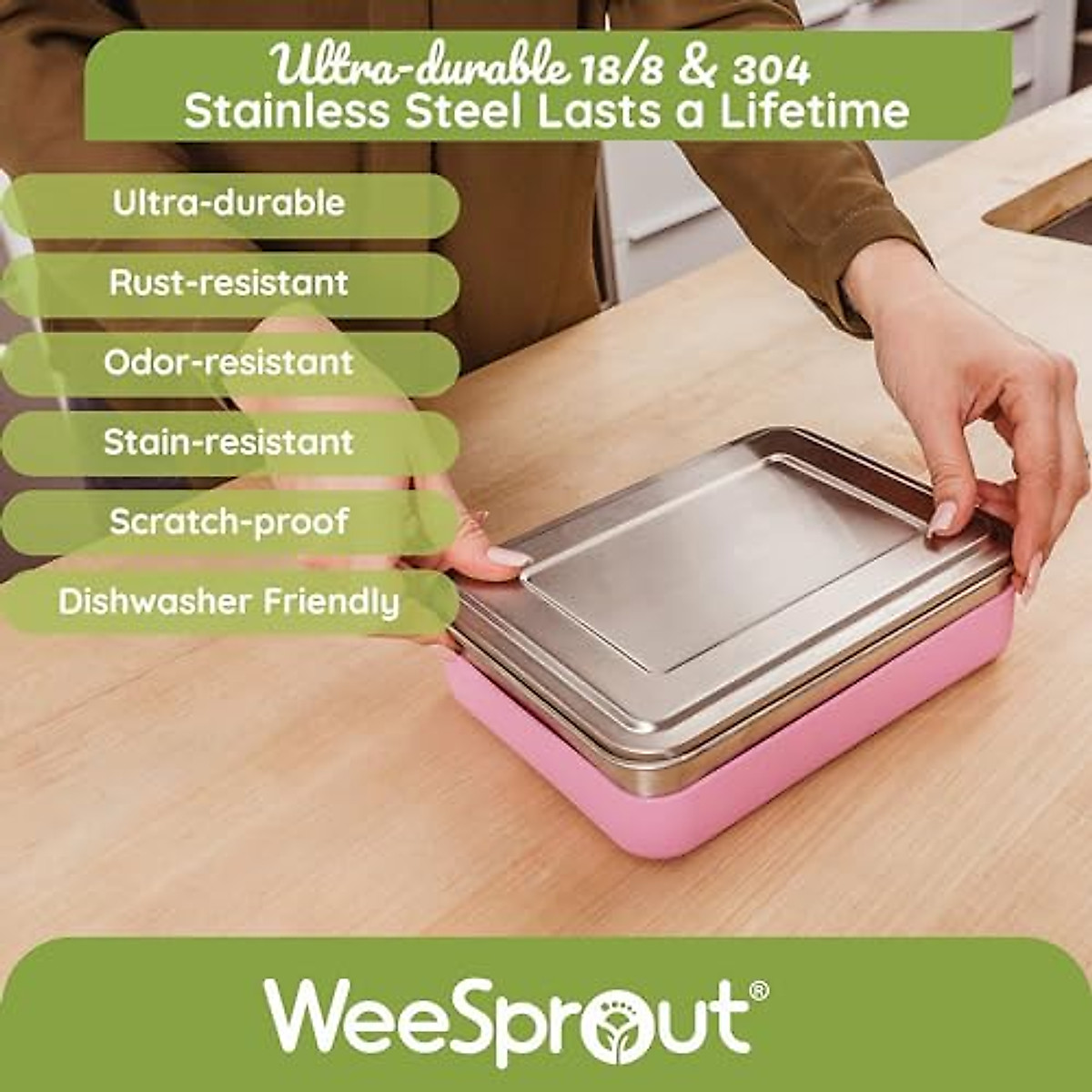 WeeSprout 18/8 Stainless Steel Bento Box (Large) - 3 Compartment Metal Lunch Box, Skid-proof Silicone, for Kids & Adults, Bonus Dip Container, Fits in Lunch & Work Bags, Dishwasher & Freezer Friendly