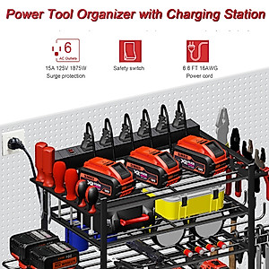 Spaclear Power Tool Organizer Wall Mount with Charging Station Garage Tools and Battery Storage Rack 4 Layer 6 Drill Holder Utility Rack Tool Shelf with Screwdriver/Plier/Hammer Holder Gift for Men