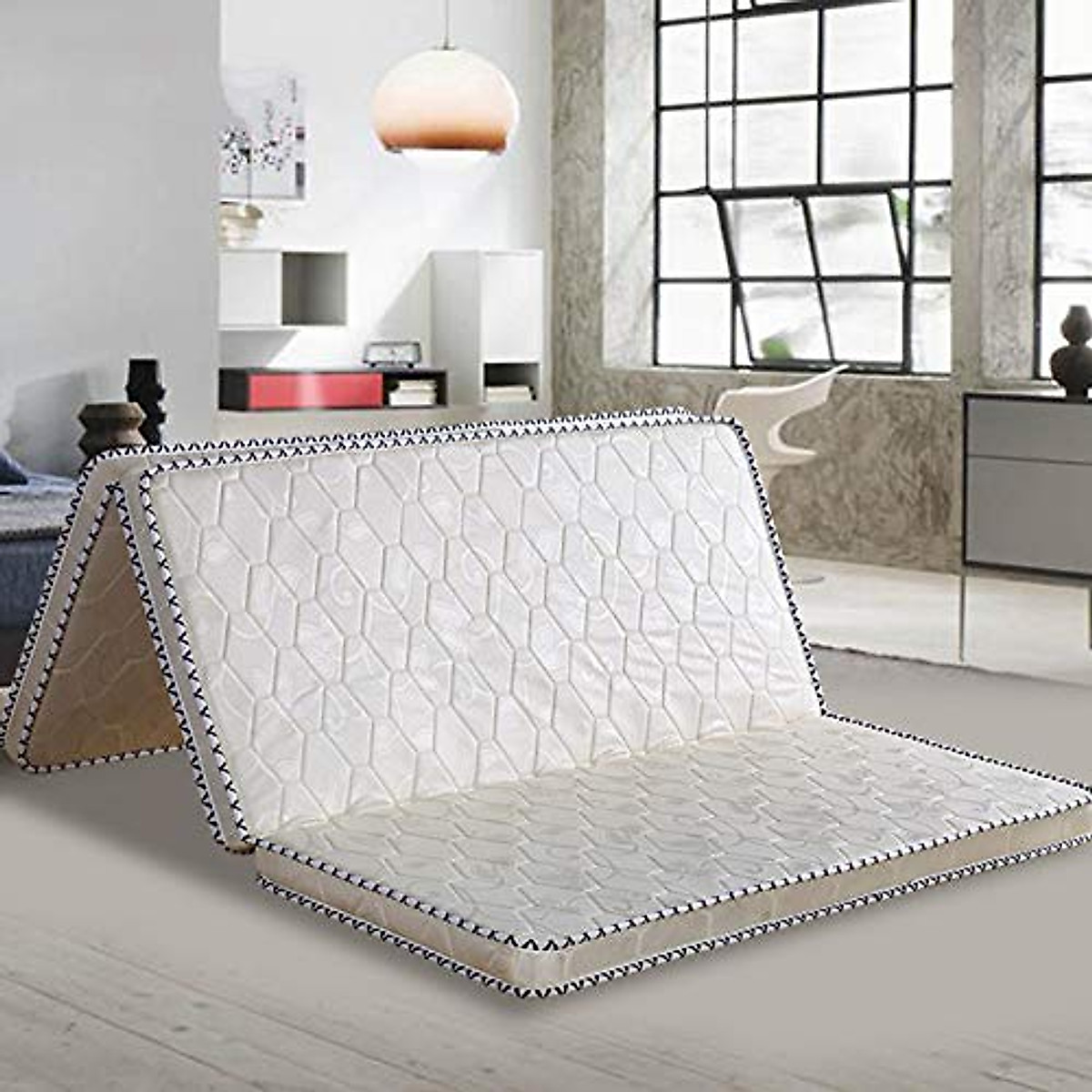 Tatami Tri-fold Mattress, Thick 3e Coconut Palm Mattress Pad Orthopedic Coir Sleeping Mat Firm Feel Quiet Guest Bed Floor Mat-White 150x200cm(59x79inch)