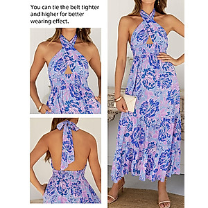 ZESICA Women's 2025 Summer Crossover Halter Neck Sleeveless Plaid Cut Out Backless Flowy A Line Maxi Dress,BluishViolet,Small