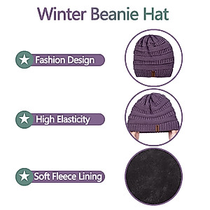 Women Beanie Hat Gloves and Scarf Set Winter Warm Knit Cap Thick Fleece Lined Neck Warmer Purple Snow Ski Cold Weather, Gorras Gorros Guantes Bufandas de Invierno para Mujer, Gift for Mom