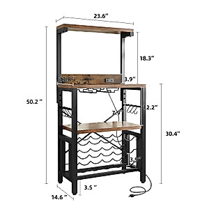 YITAHOME Small Kitchen Microwave Bakers Stand Wine Rack, Wine Rack Freestanding Floor, Coffee Bar Storage with Power Outlet for Liquor Thicken Shelf Farmhouse Dining Room, Rustic Brown