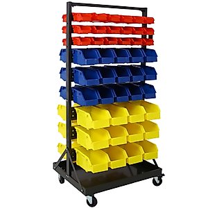 Sybrioka 90 Parts Bin Rack Storage Unit System Steel Shelf, Mobile Organizer Plastic Bins Garage Shelving Tool Shop, 4 Locking Wheels, Floor Mount for Men's Gift