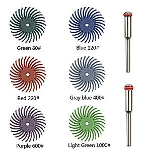 BUYGOO 60pcs 1 Inch Bristle Disc Kit with 6pcs Mandrels for Rotary Tools, Detail Abrasive Wheel for Cleaning & Polishing, Radial Bristle Wheel with Grit 80 120 220 400 600 1000