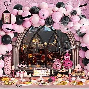 135 PCs Happy Boo Day Party Decorations, Fiesec Halloween Themed Pink and Black Birthday Party Decorations Backdrop Balloon Garland Spider Web Banner Tablecloth Cake Topper Little Ghost