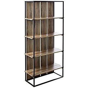 Walker Edison Evangeline Modern Farmhouse Metal and Wood 4 shelves Bookshelf, 64 Inch, Grey Wash