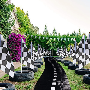 13 Feet Long Racetrack Floor Running Mat (2ft Wide) and 12 Pieces Checkered Black and White Racing Flag for Two Fast Birthday Decorations Race Car Road for Race Car Birthday Party Supplies