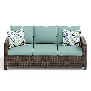MIXPATIO Patio Couch Wicker 3-Seat Outdoor Brown Rattan Sofa Deep Seating Furniture Blue Cushion