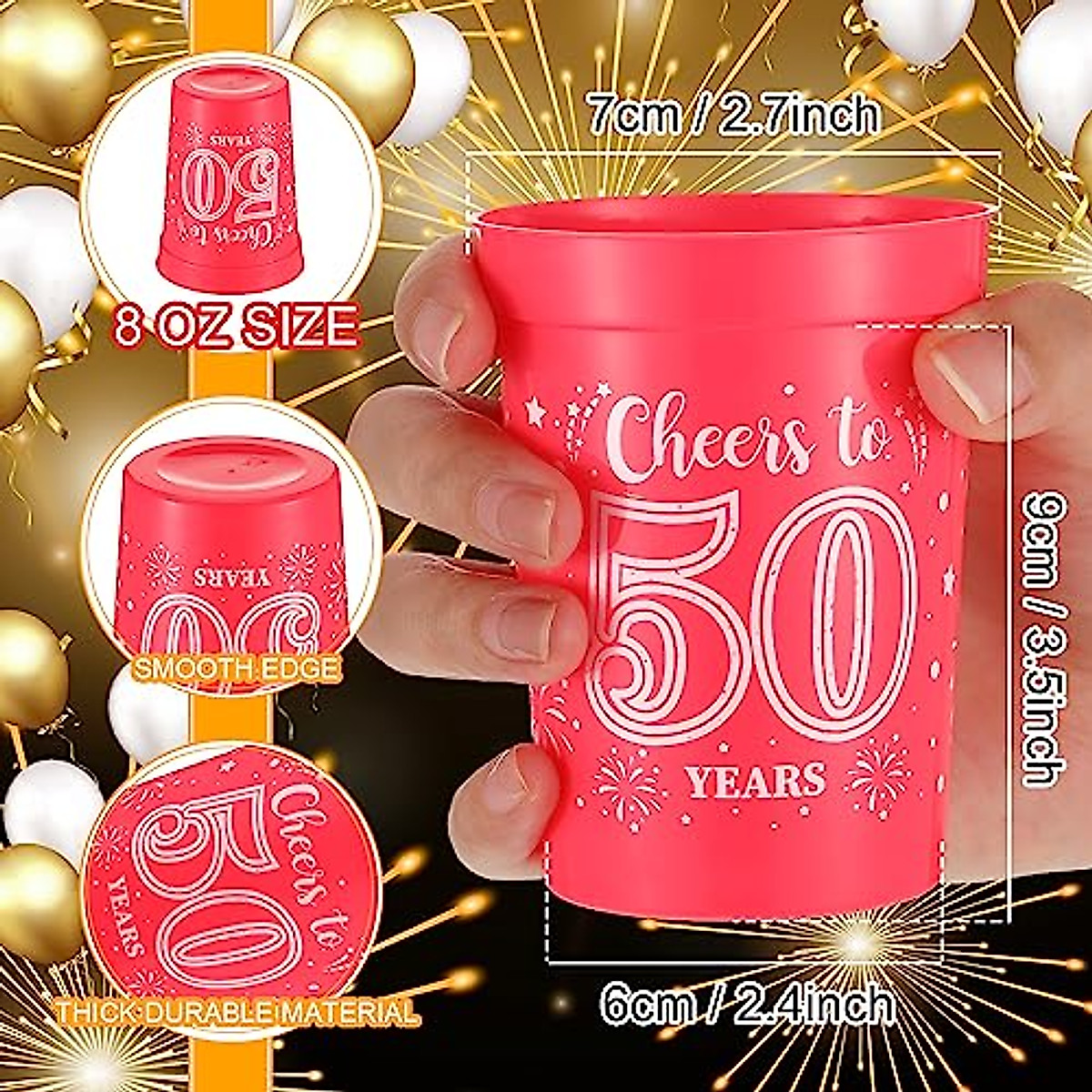 Gejoy 40 Pcs 8 Oz Birthday Cups Plastic Stadium Cups Pink and Gold Birthday Party Favors for Men Women Wedding Anniversary Party Decorations Supplies (50th)