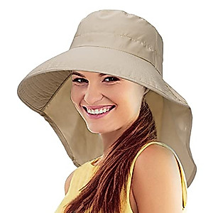 Outdoor Fishing-Hat Summer Sun-Hats for Women - Wide Brim UPF 50+ Fishing Hat UV Protection Hiking Hat with Neck Flap Cap Beige