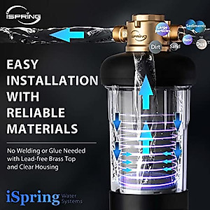 iSpring WSP500J Reusable Whole House Spin-Down Sediment Water Filter, Upgraded Jumbo Size, Large Capacity, 500-Micron Flushable Prefilter Filtration, 1" MNPT + 3/4" FNPT, Lead-Free Brass