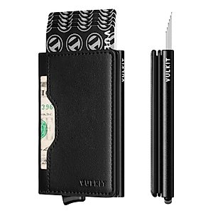 VULKIT Pop up Wallet Credit Card Holder with Leather Slots RFID Blocking Metlal Bank Card Case for Men or Women(Black)