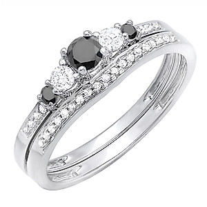Dazzlingrock Collection 0.45 Carat (Ctw) 14k Round Black And White Diamond Women 5 Stone Bridal Engagement Ring Matching Band Set 1/2 CT, White Gold, Size 7