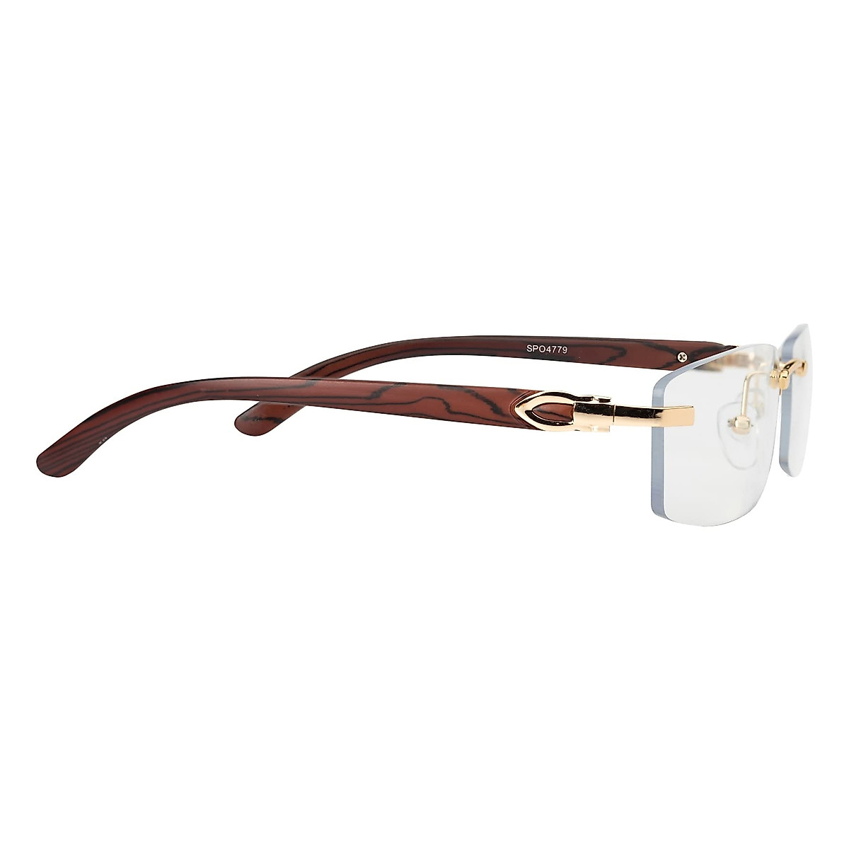 Elite Slim Rimless Rectangular Metal & Wood Art Aviator Sunglasses (Cherry Gold Clear)