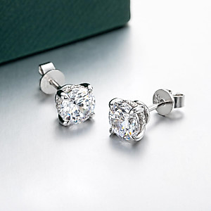 Bo.Dream 2 cttw Round Cut 6.5mm Cubic Zirconia Stud Earrings For Women Faux Diamond 18K White Gold Plated Sterling Silver