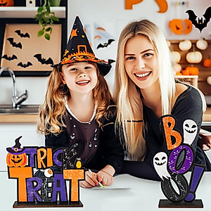 NEROSUN 4 PCS Halloween Table Centerpiece Decorations, Pumpkin Ghost Wood Centerpiece Boo Spooky Signs, Trick or Treat Table Decor for Halloween Table Party Living Room Kitchen Office Bar