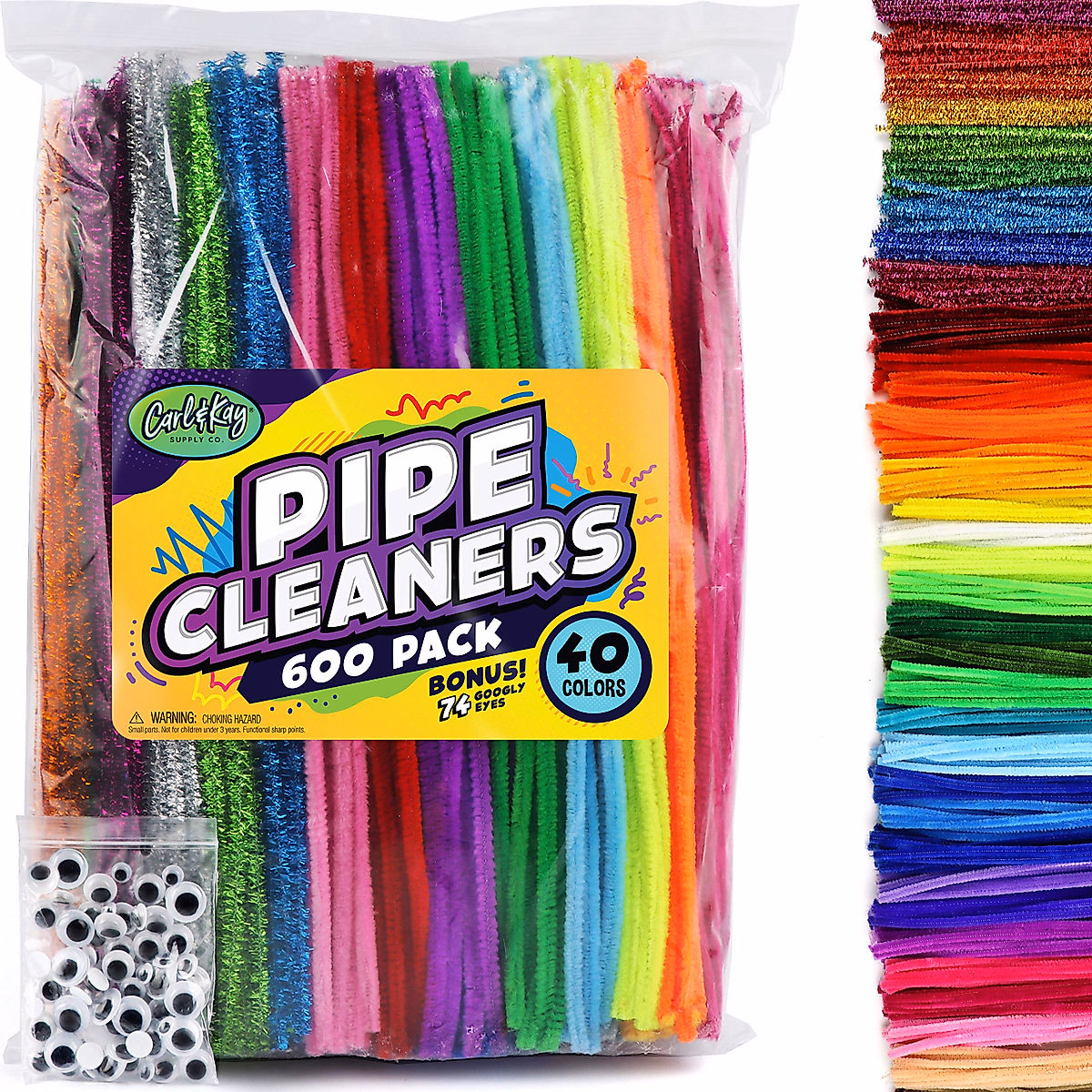 Carl & Kay 600 Pipe Cleaners & 74 Googly Eyes - Chenille Stems Pipe Cleaners Craft - Colorful Pipe Cleaners for Crafts - Colored Pipe Cleaners for Kids - Bulk Pipe Cleaners - Soft Fuzzy Chenille Stems