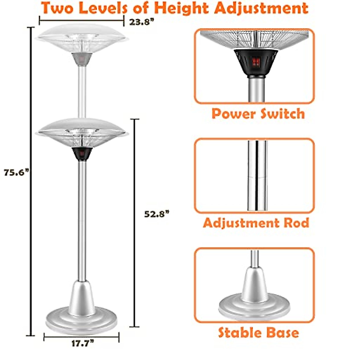 LHRIVER Electric Outdoor Patio Heater, 1500W Freestanding Infrared Heater with 2 Adjustable Switch Mode, Quiet Operation,Dust &Waterproof IP34 750W/1500W, Ideal for garden, Outdoor/Indoor Use