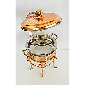 Indian Art Villa Steel Copper Chafing Dish Set of 1 Handi With Lid & 1 Brass Stand, Serveware Item for Dinner Party & Functions, Volume-44 Oz